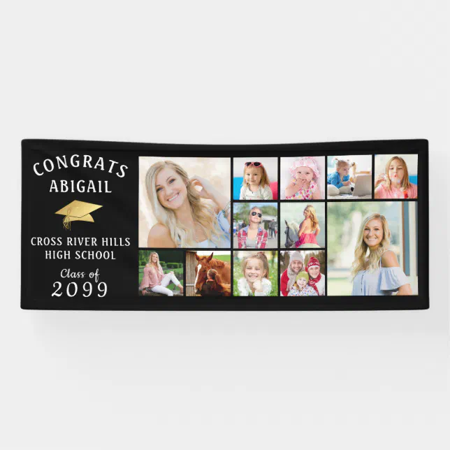 CONGRATS GRAD 12 Photo Collage Gold Cap Banner | Zazzle
