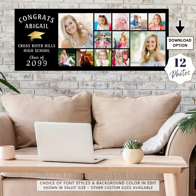 CONGRATS GRAD 12 Photo Collage Gold Cap Banner Poster | Zazzle