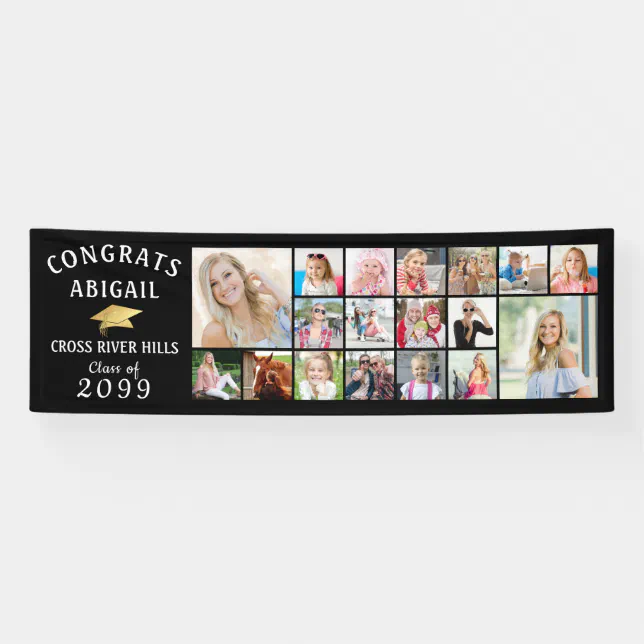 CONGRATS GRAD 18 Photo Collage Gold Cap Banner | Zazzle