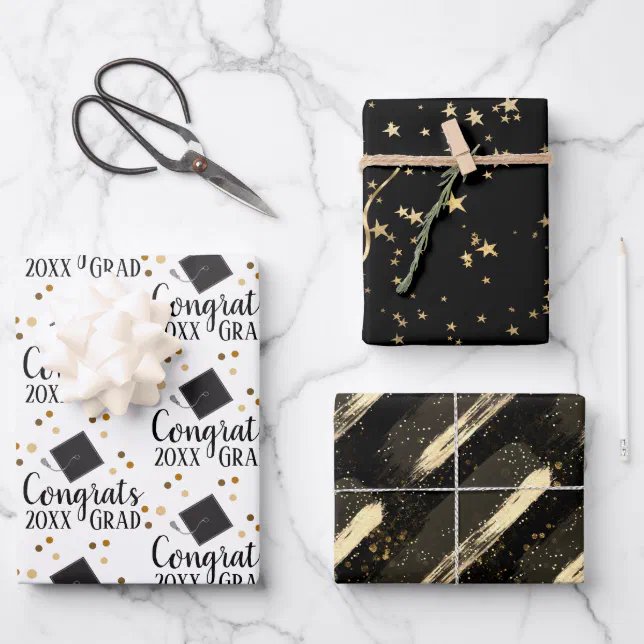 Congrats Grad 2024 Black and Gold Wrapping Paper | Zazzle