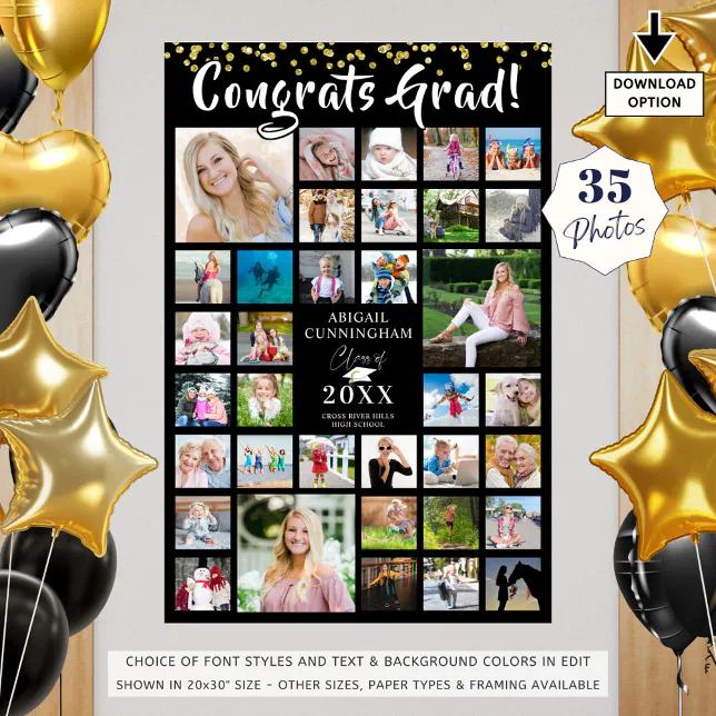 CONGRATS GRAD 35 Photo Collage Black Poster | Zazzle