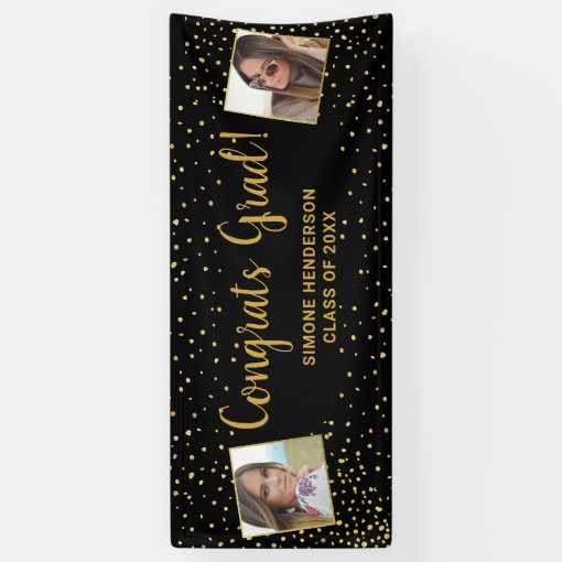 Congrats Grad Black Gold Glitter 2 Photos Custom Banner | Zazzle