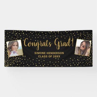 Congrats Grad Black Gold Glitter 2 Photos Custom Banner | Zazzle