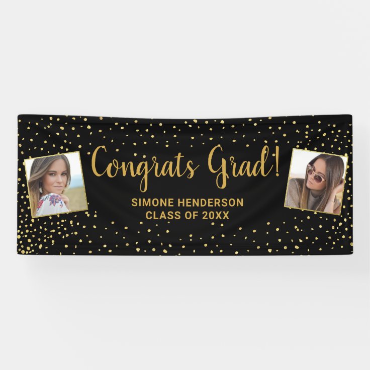 Congrats Grad Black Gold Glitter 2 Photos Custom Banner | Zazzle