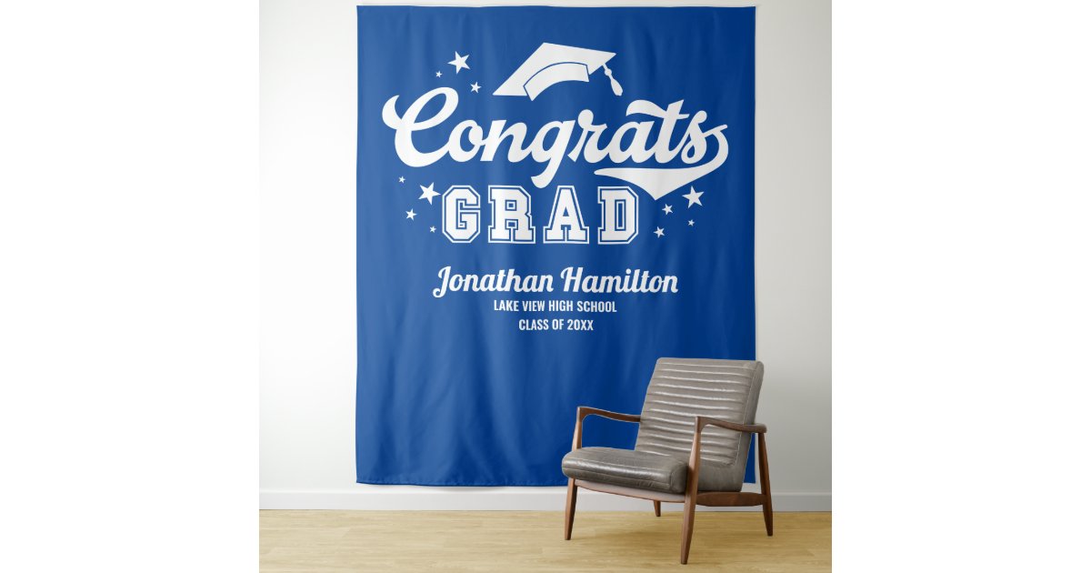 Congrats Grad Blue Graduation Party Backdrop | Zazzle