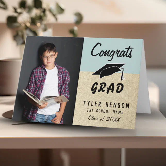 Congrats Grad Blue Rustic Photo Graduation Card | Zazzle