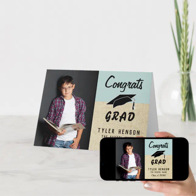 Congrats Grad Blue Rustic Photo Graduation Card | Zazzle