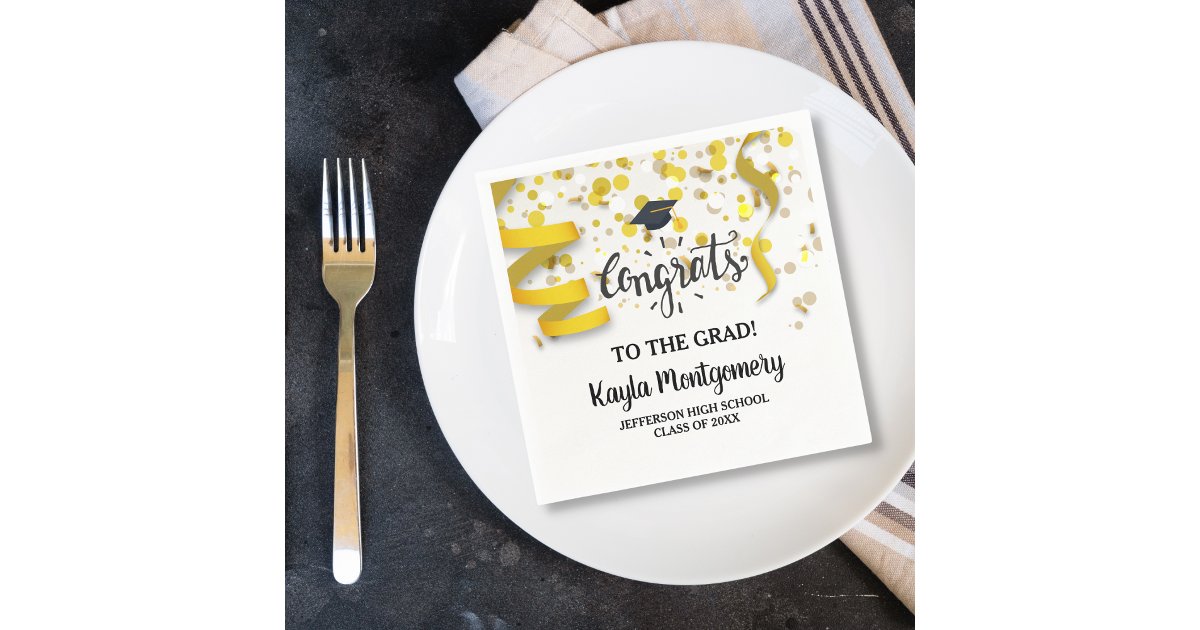 Congrats Grad Cap Gold Confetti Festive Custom Paper Napkins | Zazzle