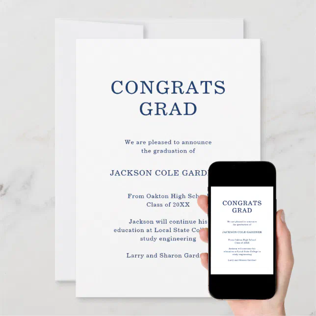 Congrats Grad Classic Navy Blue Graduation Announcement | Zazzle