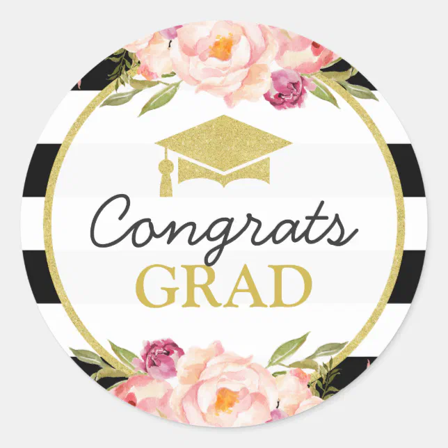 Congrats Grad | Floral Stripes Glam Graduation Classic Round Sticker ...