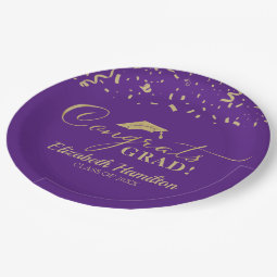 Congrats Grad Gold Script Graduation Party Purple Paper Plates | Zazzle