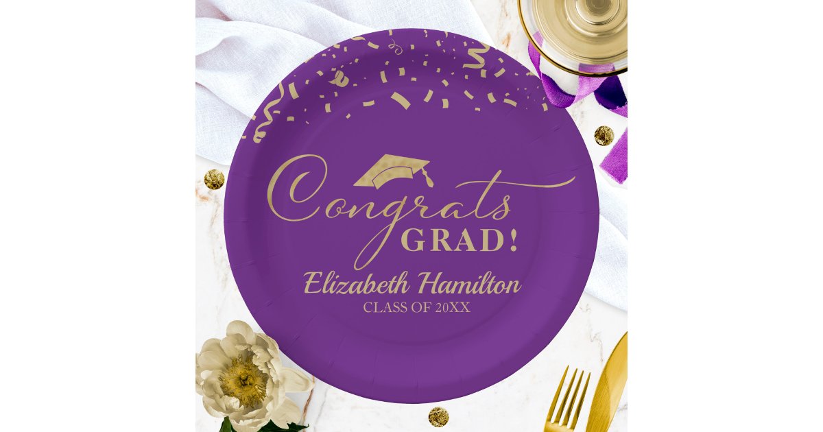Congrats Grad Gold Script Graduation Party Purple Paper Plates | Zazzle