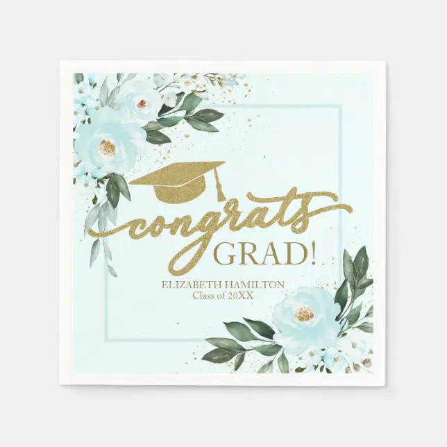 Congrats Grad Gold Teal Floral Graduation Party Napkins | Zazzle