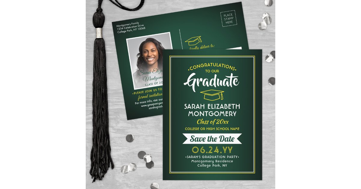 Congrats Grad Green and Gold Save the Date Photo Announcement Postcard ...