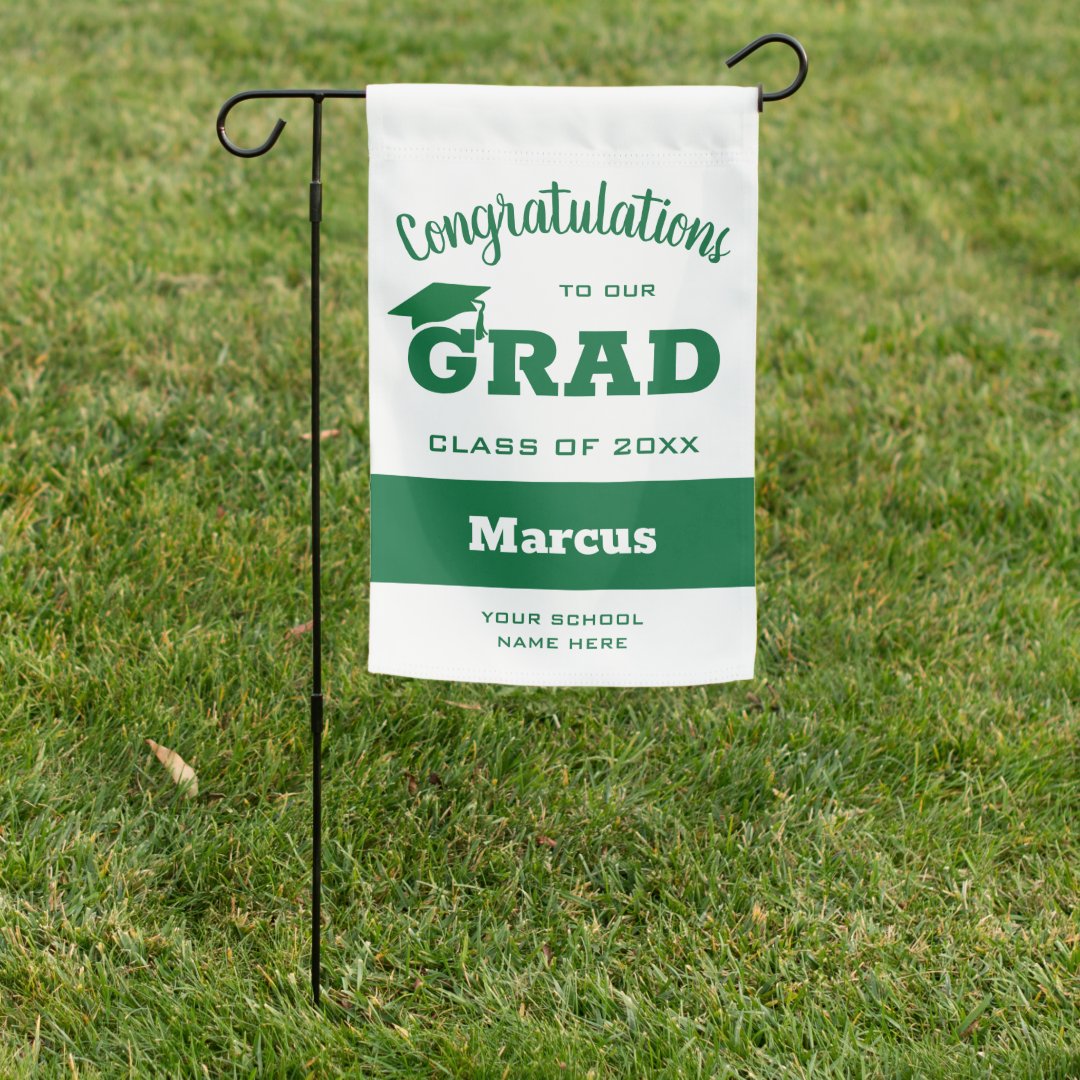 Congrats Grad Green on White Graduation Garden Flag | Zazzle