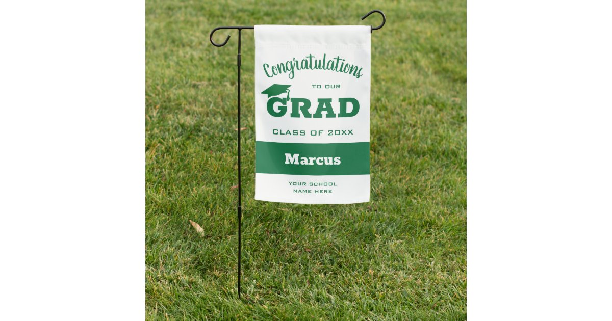 Congrats Grad Green on White Graduation Garden Flag | Zazzle