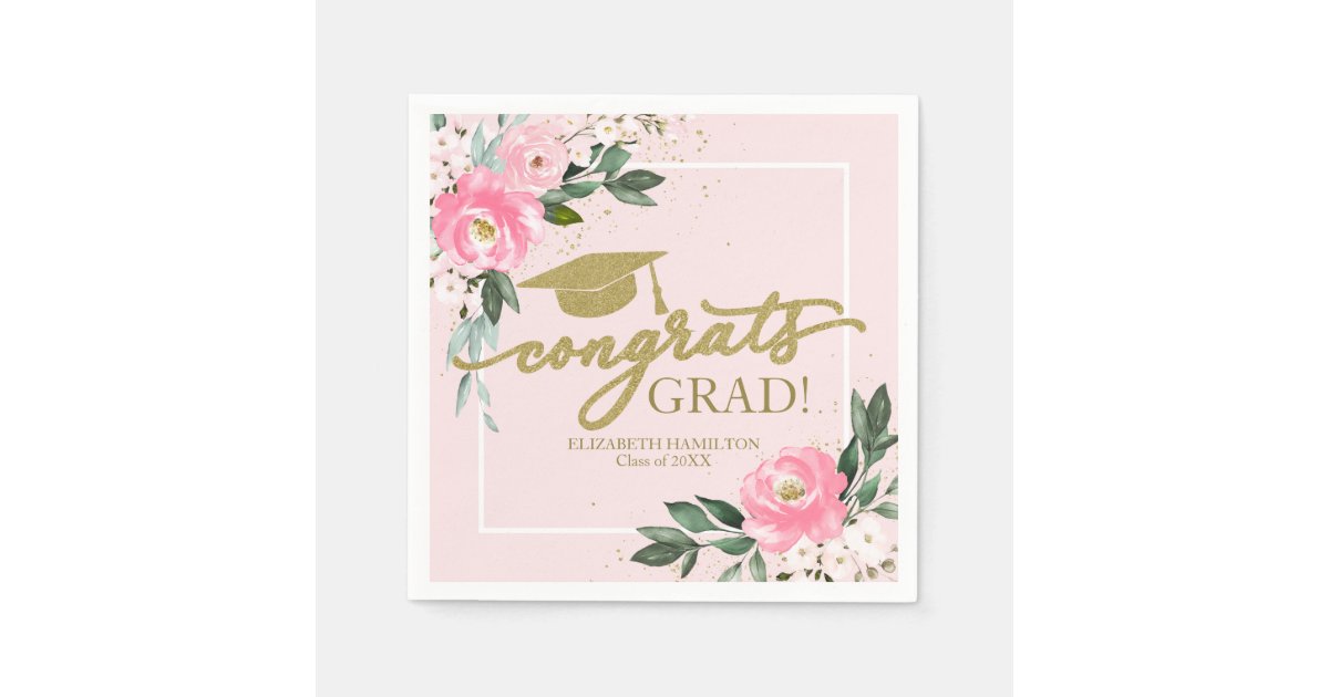 Congrats Grad Hot Pink Floral Graduation Napkins | Zazzle