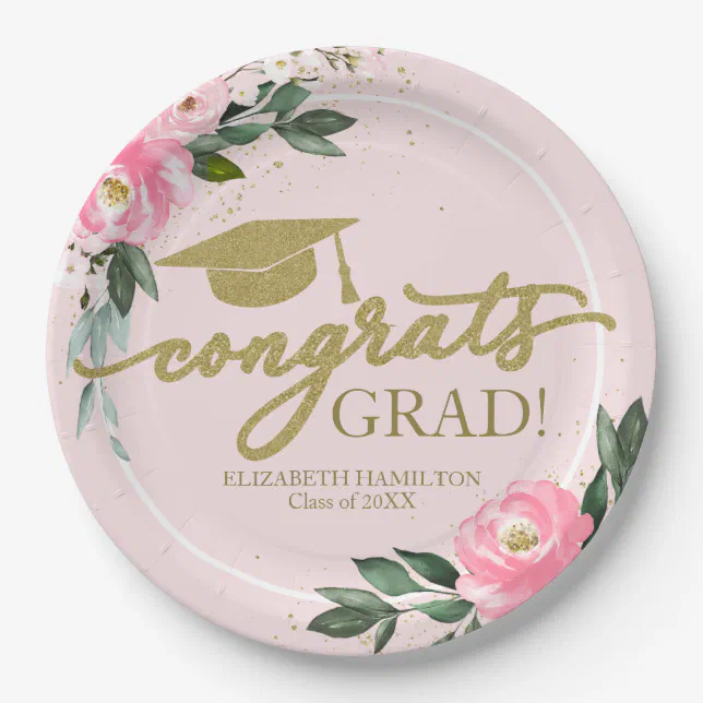 Congrats Grad Hot Pink Floral Graduation Party Paper Plates | Zazzle