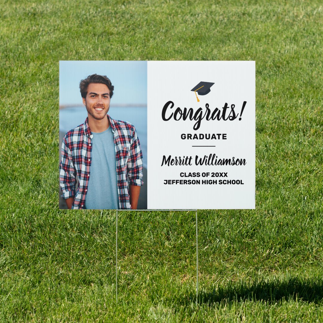 Congrats Grad, Large Photo Gold Custom Graduation Sign | Zazzle
