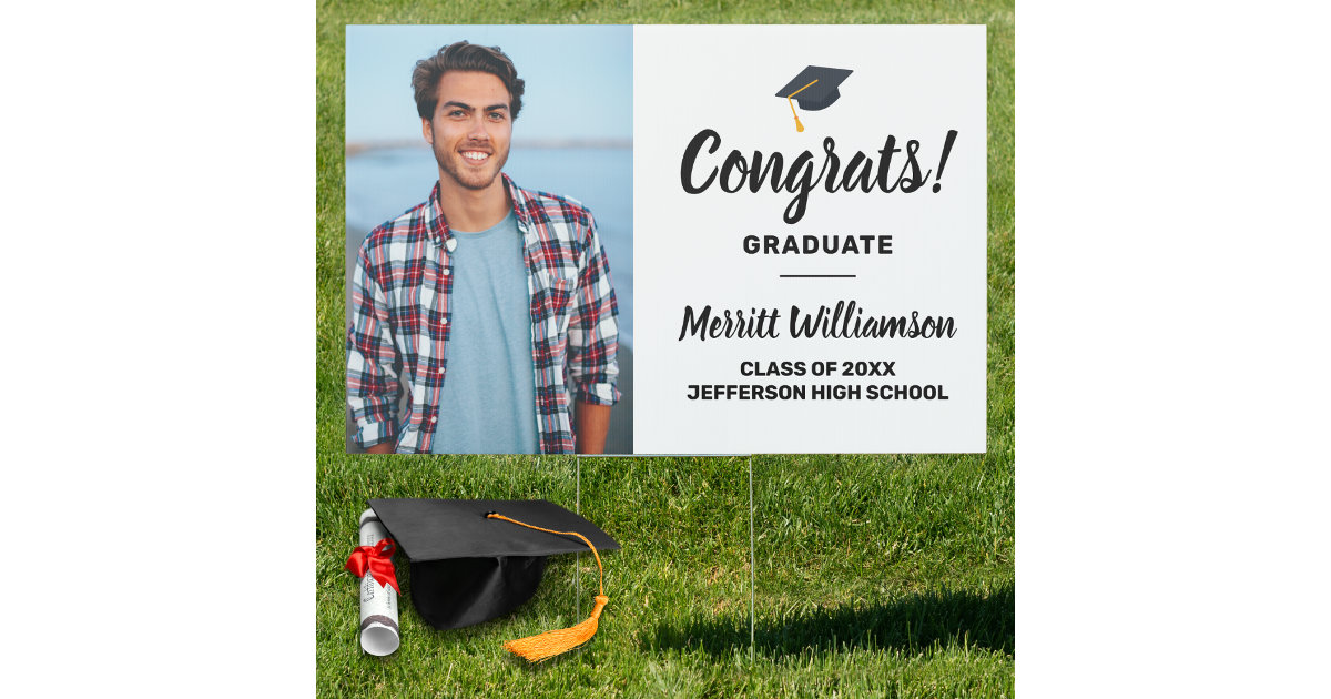 Congrats Grad, Large Photo Gold Custom Graduation Sign | Zazzle