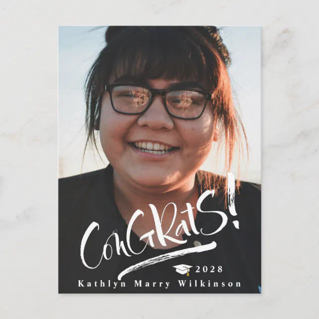 Congrats Grad Modern Script Photo Grad Party Invitation Postcard | Zazzle