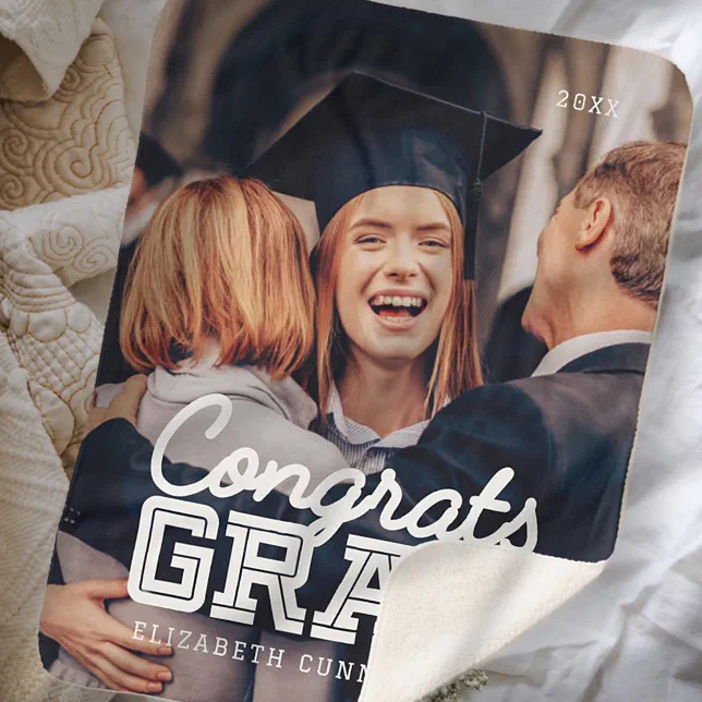 Congrats Grad Modern Simple Preppy Photo Sherpa Blanket | Zazzle