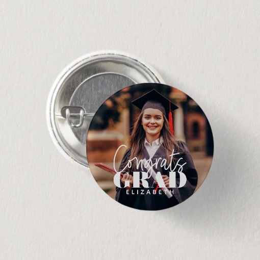 Congrats Grad Modern Simple Script Custom Photo Button | Zazzle