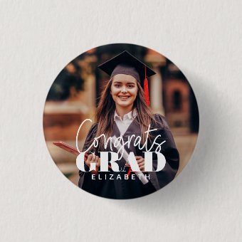 Congrats Grad Modern Simple Script Custom Photo Button | Zazzle
