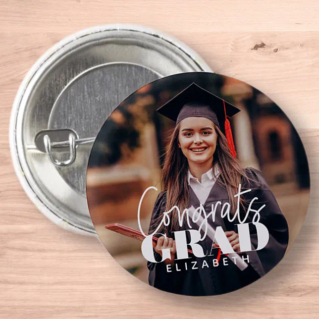 Congrats Grad Modern Simple Script Custom Photo Button | Zazzle