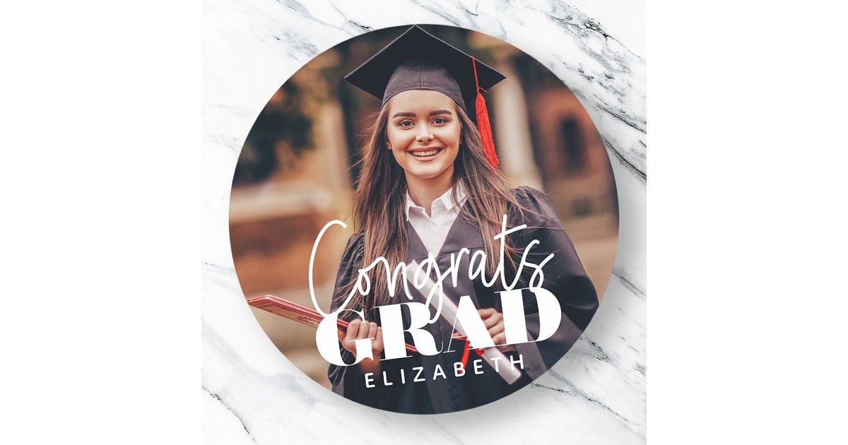 Congrats Grad Modern Simple Script Custom Photo Classic Round Sticker ...