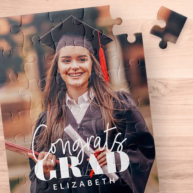 Congrats Grad Modern Simple Script Custom Photo Jigsaw Puzzle | Zazzle