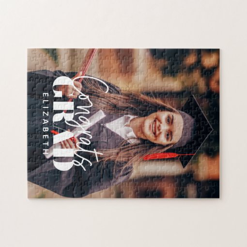Congrats Grad Modern Simple Script Custom Photo Jigsaw Puzzle | Zazzle