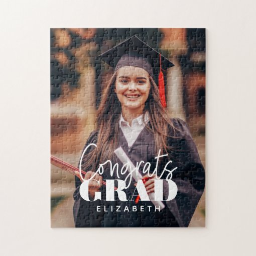 Congrats Grad Modern Simple Script Custom Photo Jigsaw Puzzle | Zazzle