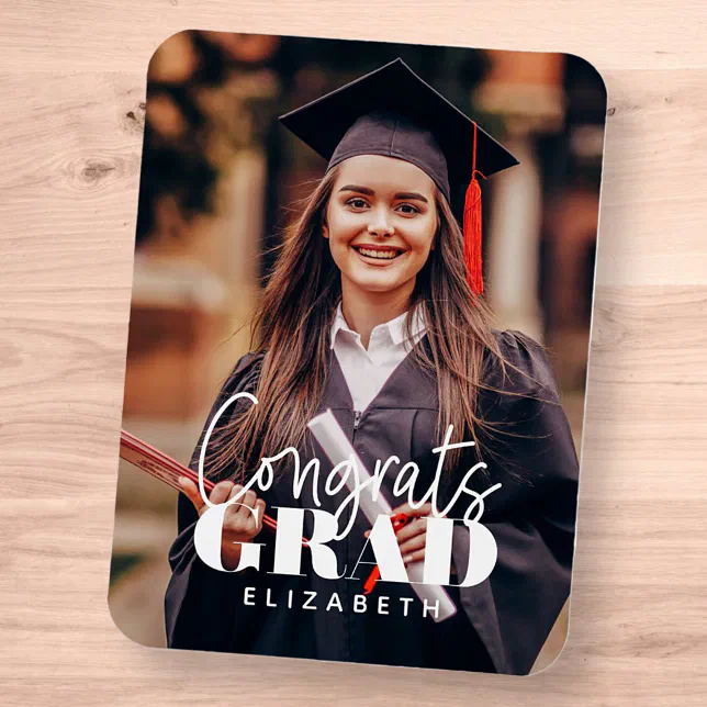 Congrats Grad Modern Simple Script Custom Photo Magnet | Zazzle