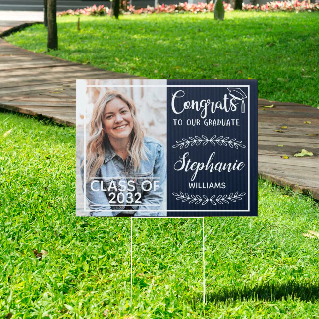 Congrats grad modern with photo dark blue yard sign | Zazzle