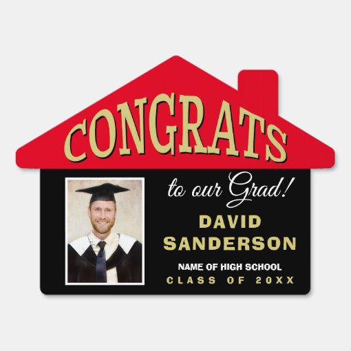 Congrats Grad Name Photo Red Black House Shape Sign | Zazzle