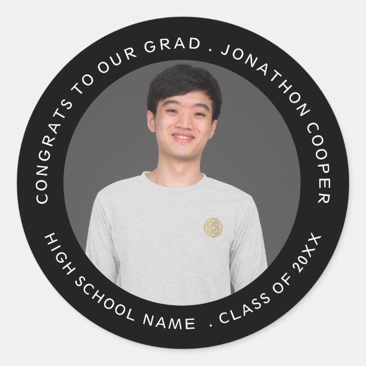 Congrats Grad Name Photo Year Black Graduation Classic Round Sticker ...