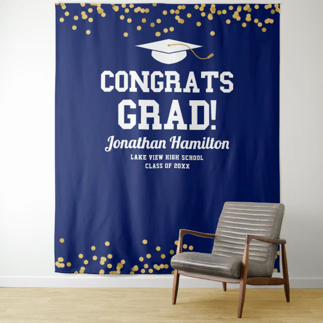 Congrats Grad Navy Blue Grad Party Backdrop | Zazzle