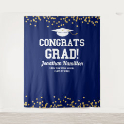 Congrats Grad Navy Blue Grad Party Backdrop | Zazzle