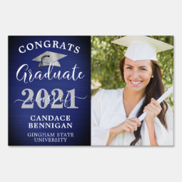 Congrats Grad Photo Navy Blue Silver Metallic Foil Sign | Zazzle