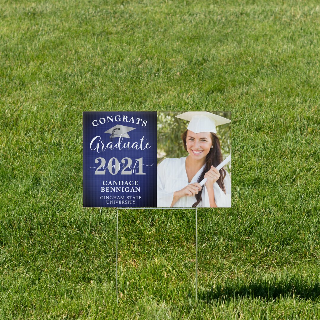 Congrats Grad Photo Navy Blue Silver Metallic Foil Sign | Zazzle