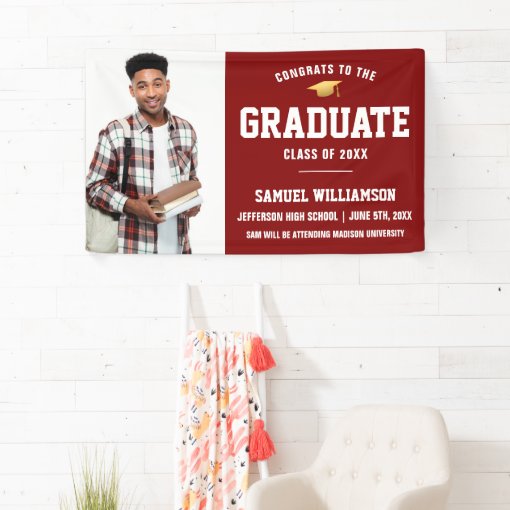 Congrats Grad Photo Red Gold Graduation Party Banner | Zazzle