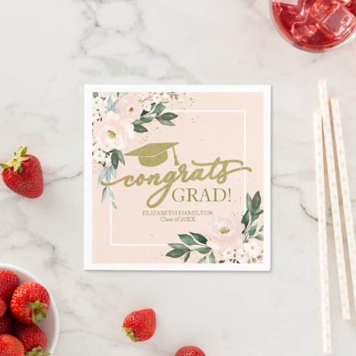 Congrats Grad Pink Blush Floral Graduation Party Napkins | Zazzle