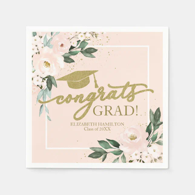 Congrats Grad Pink Blush Floral Graduation Party Napkins | Zazzle