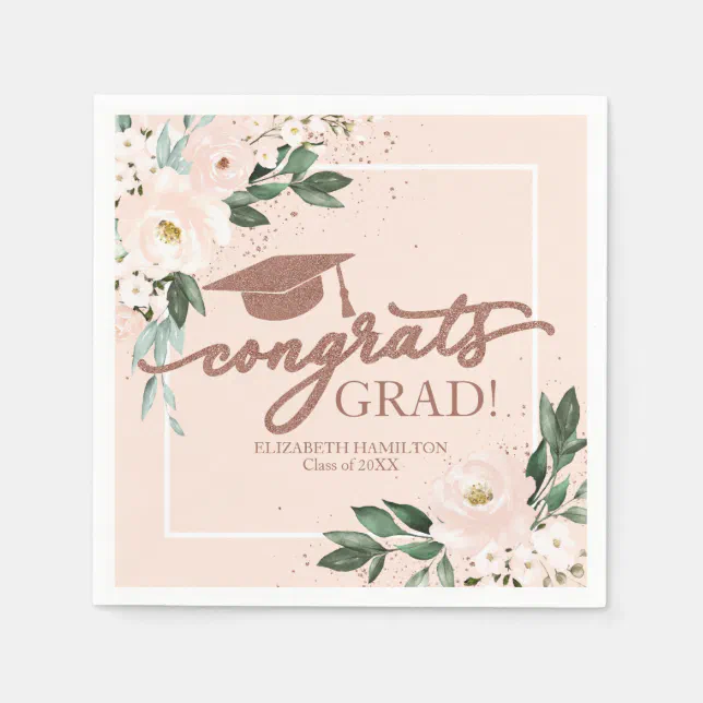 Congrats Grad Pink Blush Floral Graduation Party Napkins | Zazzle