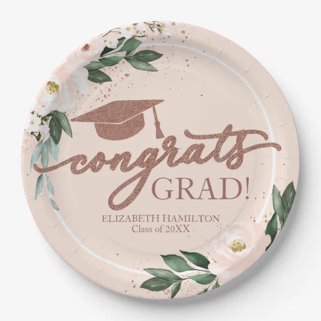 Congrats Grad Pink Blush Floral Graduation Party Paper Plates | Zazzle