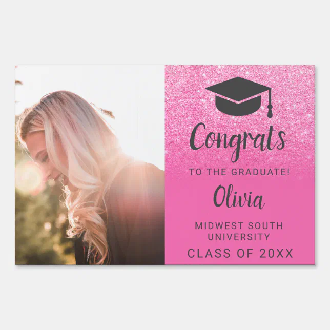 Congrats grad pink glitter marble graduation photo sign | Zazzle