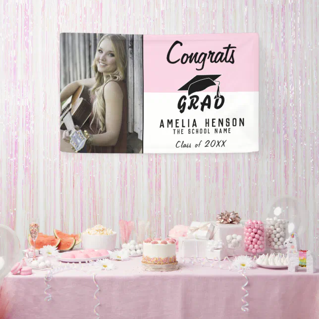 Congrats Grad Pink Photo Graduation Party Banner | Zazzle
