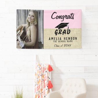 Congrats Grad Pink Rustic Photo Graduation Party Banner | Zazzle