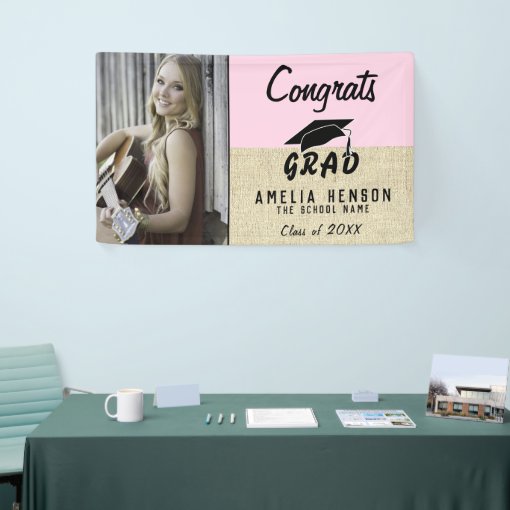 Congrats Grad Pink Rustic Photo Graduation Party Banner | Zazzle